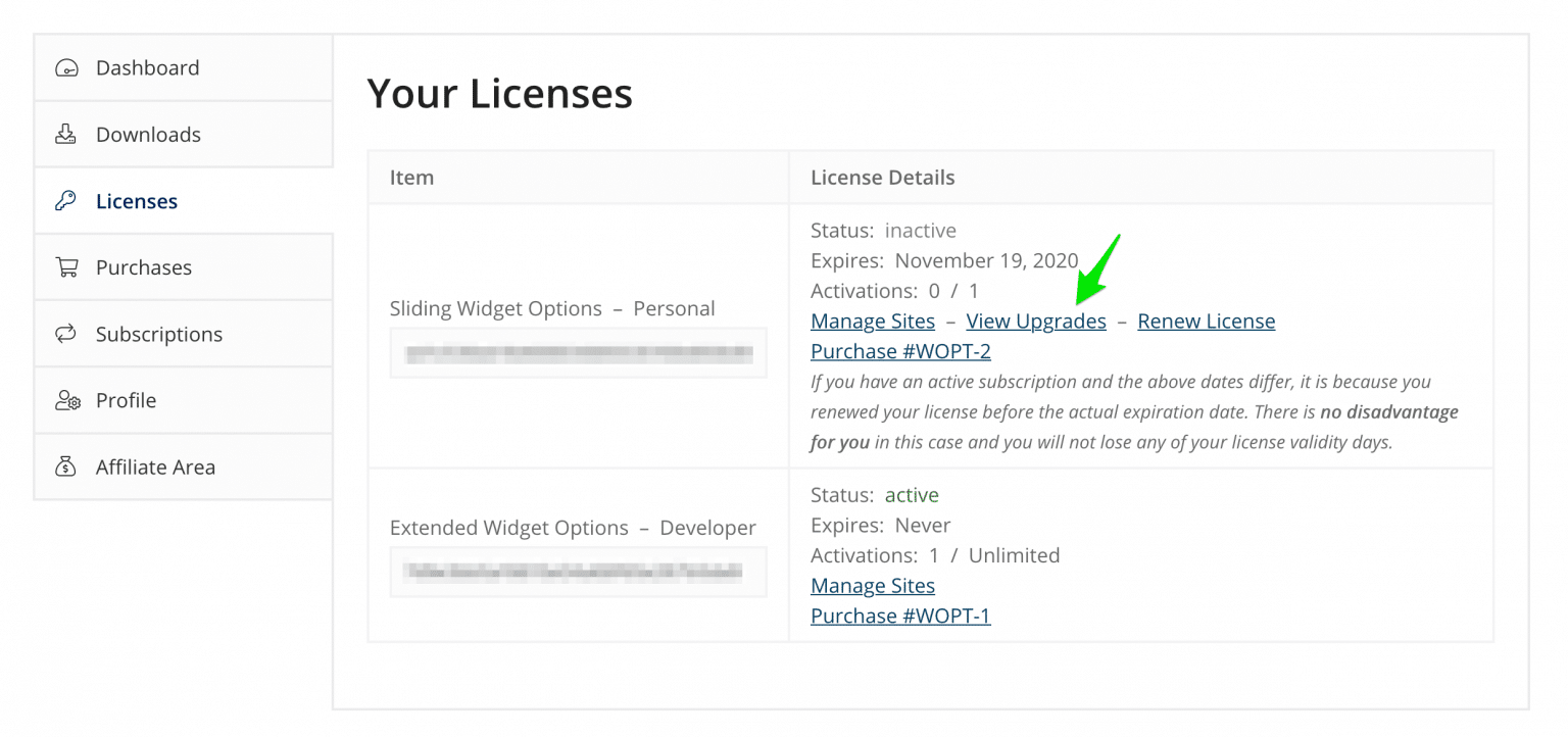 License Upgrades - Widget Options