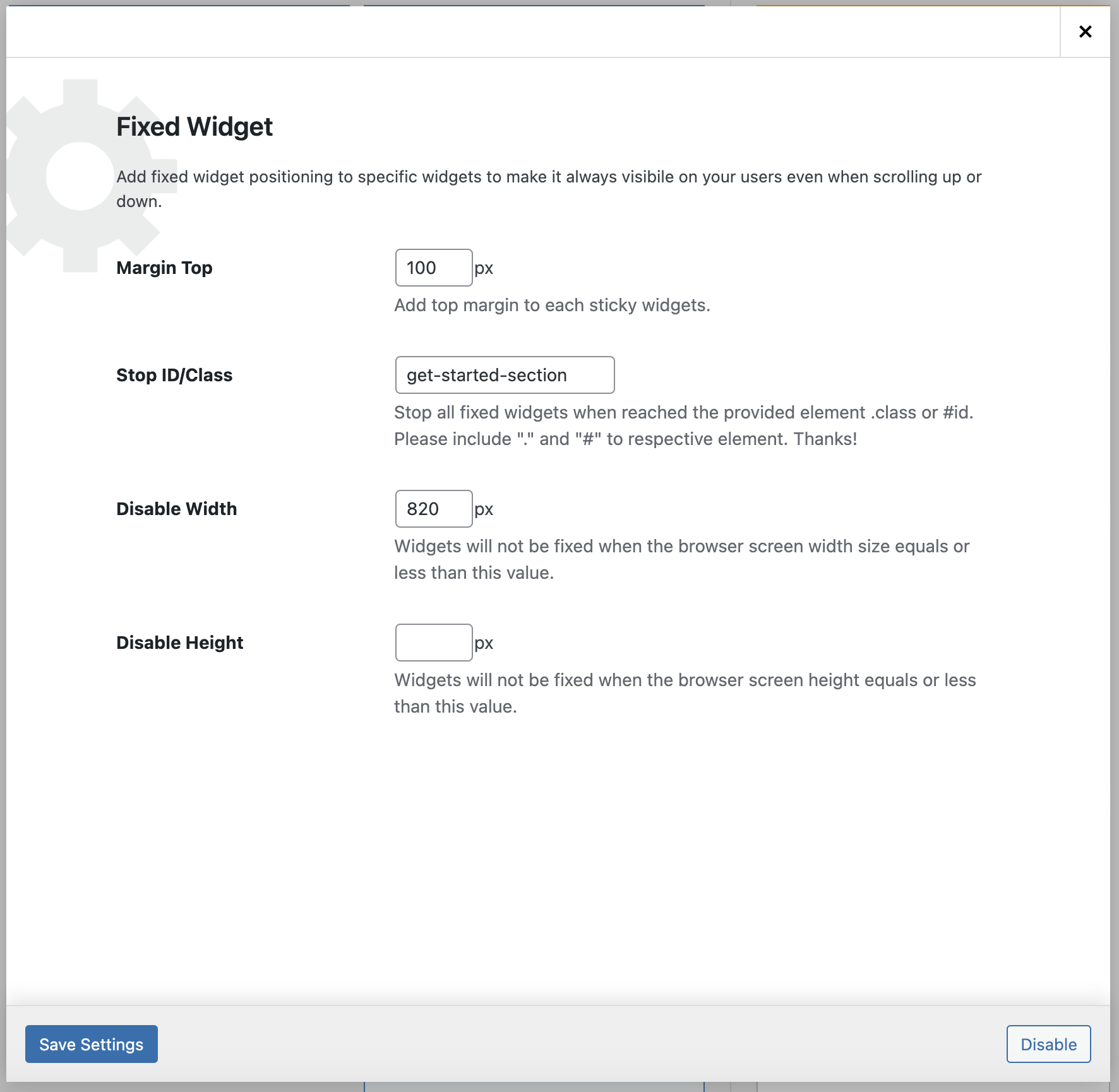 Sticky Fixed Widget - Widget Options